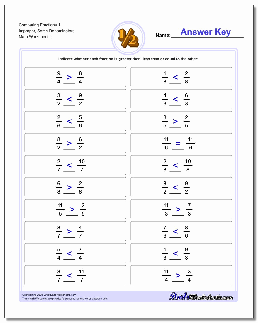 Comparing Fractions Worksheet 3rd Grade