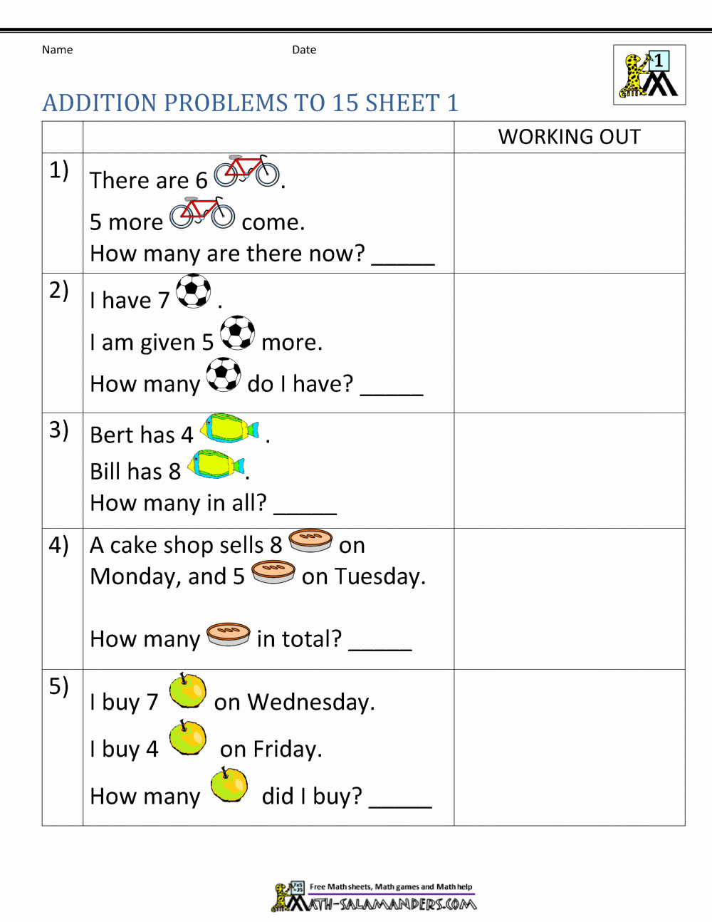 Free Printable Kindergarten Story Math Problems Picture Word Problems 